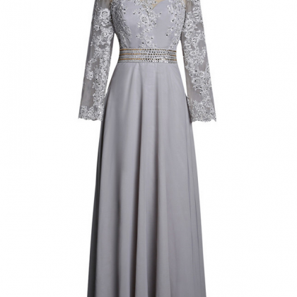 Silver Evening Dresses A-line Long Sleeves Chiffon Lace Beaded See ...