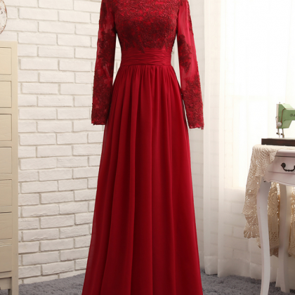 Muslim Evening Dresses A-line Long Sleeves Red Appliques Lace Hijab ...