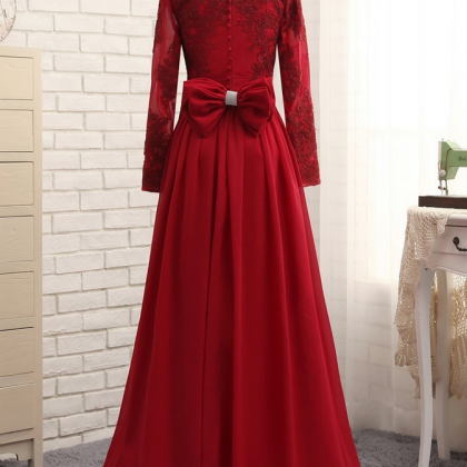Muslim Evening Dresses A-line Long Sleeves Red Appliques Lace Hijab ...