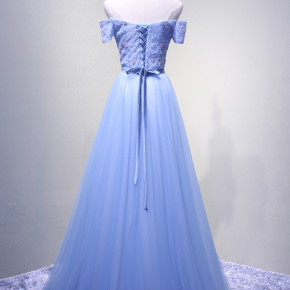 Luxury Light Blue Long Evening Dress Bride Boat Neck Floor-length Lace ...
