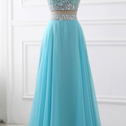 Blue Two Piece Chiffon Beaded Sparkle Long Prom Dress, Two Piece Junior ...