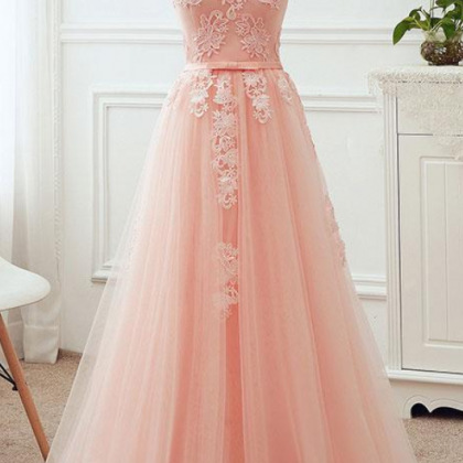 Simple Pink Sleeveless Prom Dress,Applique Round Neck Lace Up ...