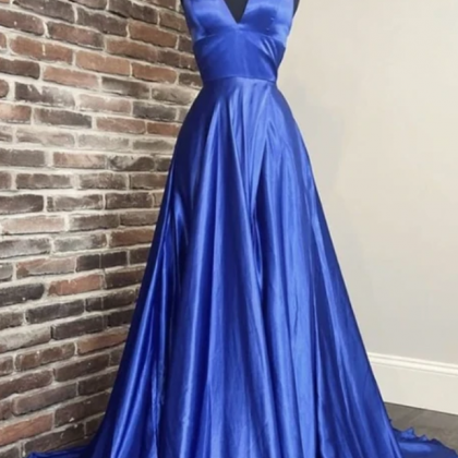 A Line V Neck Blue Long Prom Dress, V Neck Blue Formal Graduation ...