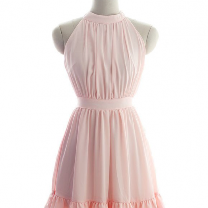 Custom Made Pink Chiffon High Neck Ruffle Short Evening Dress ...