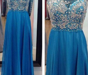Simple Blue Prom Dresses,Crew Neck With Beaded Crystal Prom Dresses ...