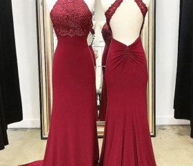 Deep Red Chiffon Lace Open Back Long Train Evening Dress, Prom Dress on ...