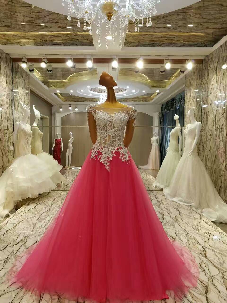Rose Red Ball Gown Prom Dresses Romantic Long Sleeves Prom Gowns on Luulla