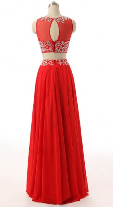 Two Parts Long Chiffon Prom Dresses Red Crystals Women Party Dresses on ...