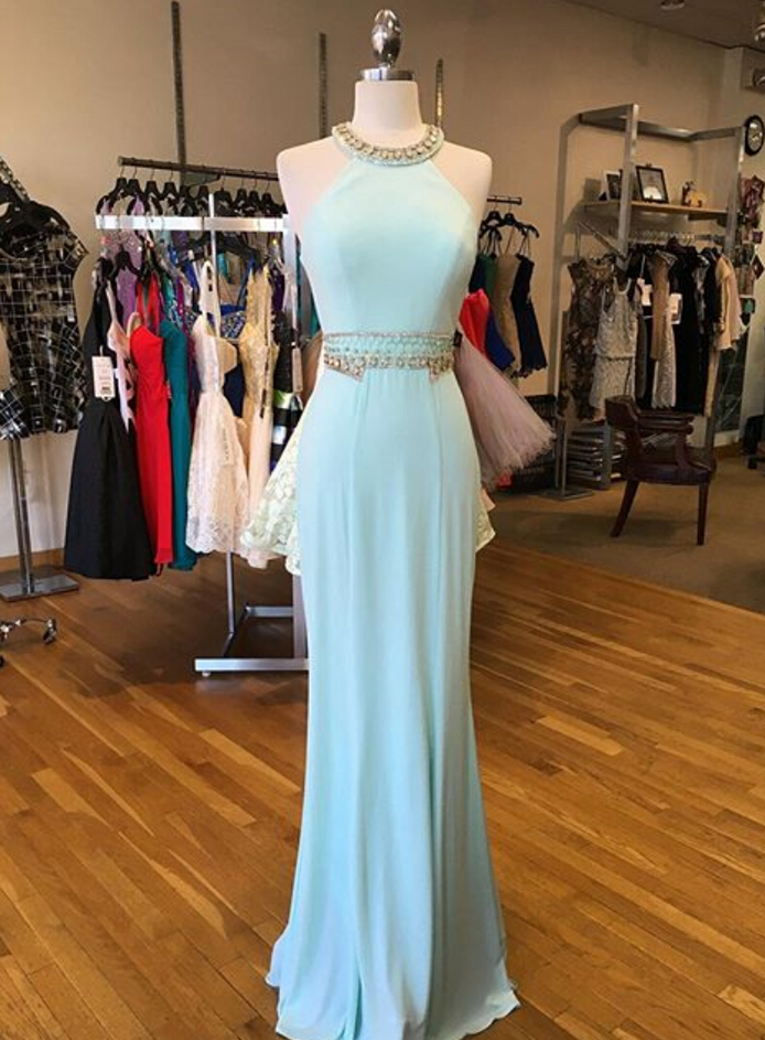 Ice Blue Jewel Neck Fitted Formal Gown With Beading on Luulla