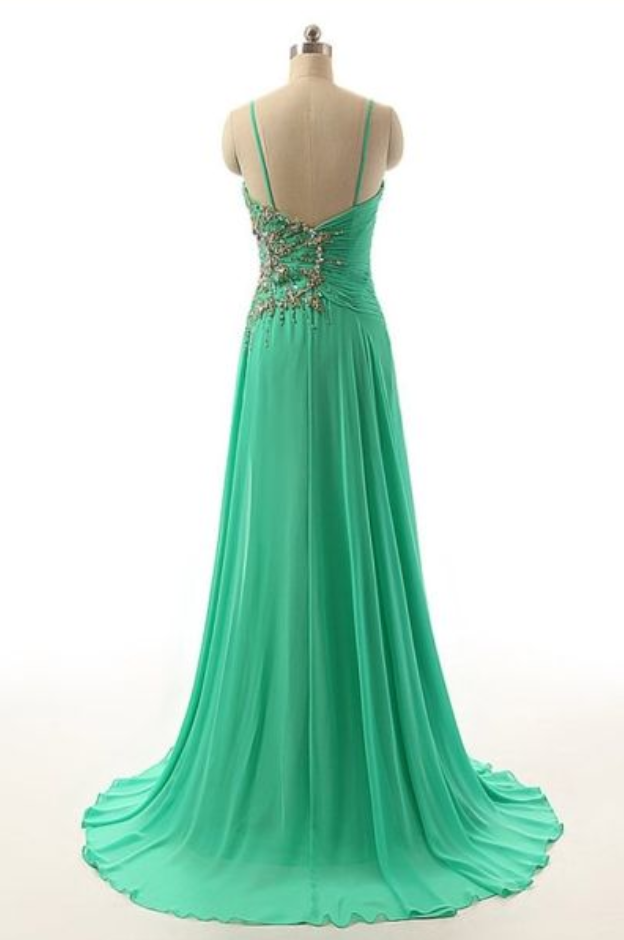 Spaghetti Straps Prom Dress Sexy Long Prom Dress A Line Beaded Prom