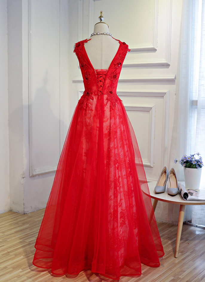 Prom Dress Fashion Long Party Lace-up Red Flowers Evening Dresses Prom ...