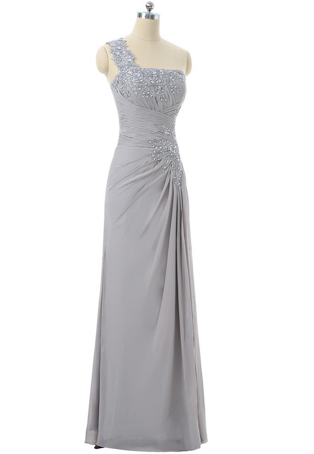 Silver Evening Dresses A-line One-shoulder Chiffon Appliques Beaded ...