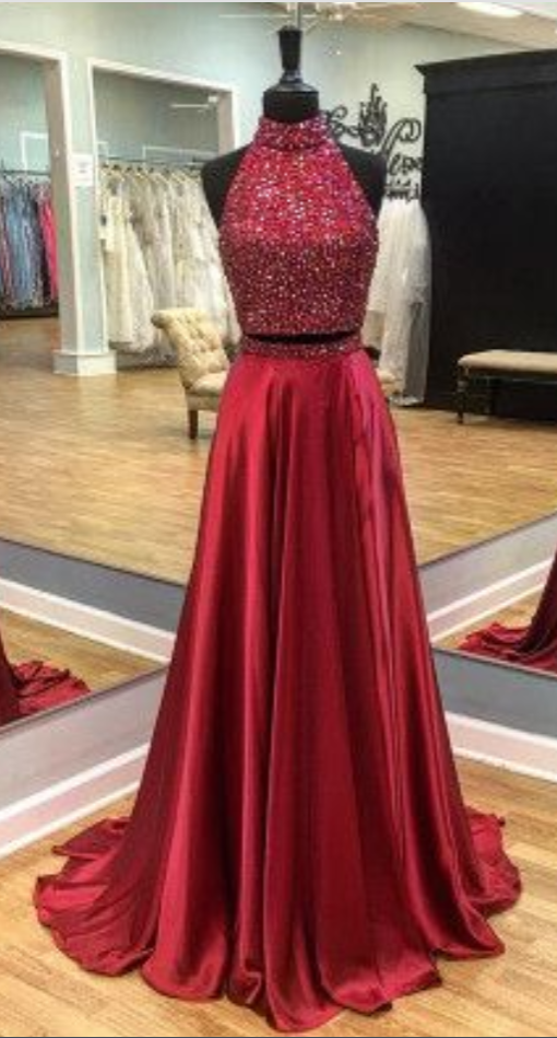 Sparkly Beaded Prom Dress, Sexy Burgundy Prom Dresses With Slit, Long ...