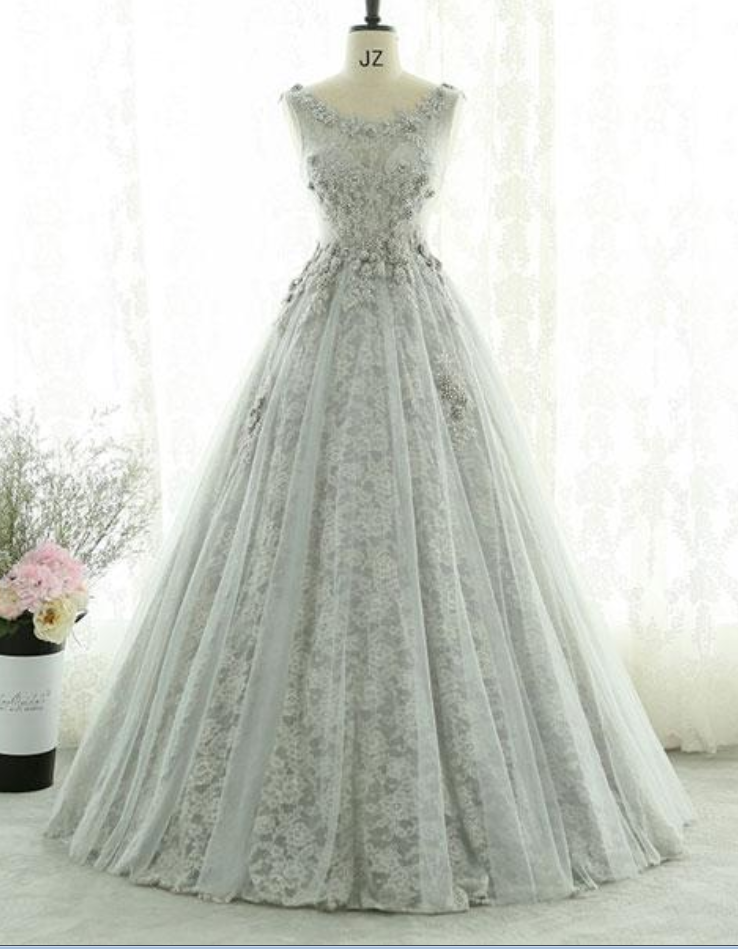 Gray Lace Tulle Long Prom Dress, Gray Evening Dress ,pd180220 on Luulla