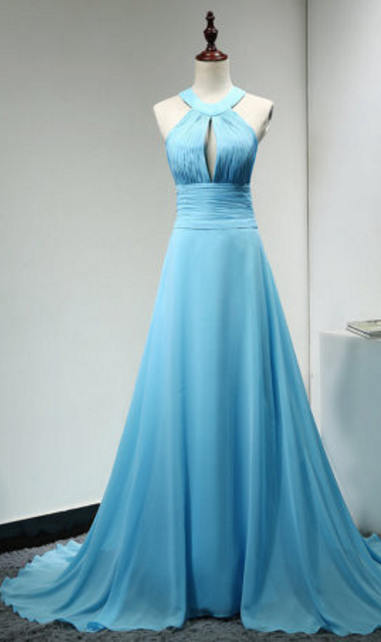 Light Blue Handmade Chiffon Cross Back Junior Prom Dress, Party Dress ...