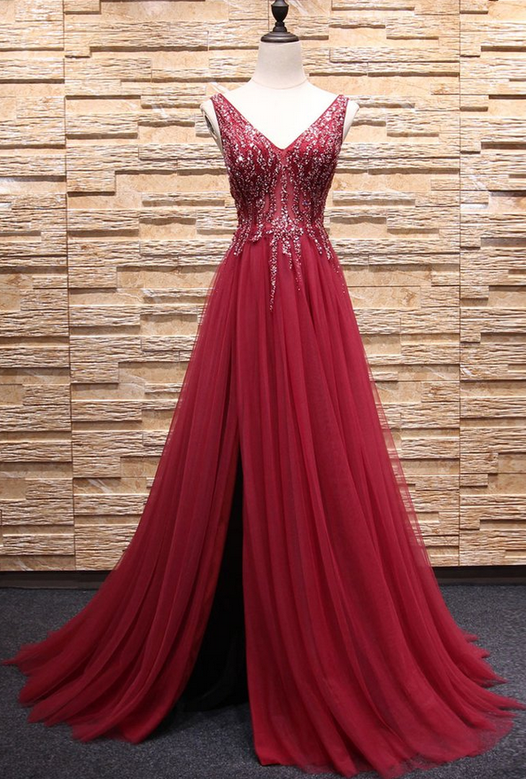 Burgundy Tulle Beaded Prom Dresses Sequins Long Evening Dress V Neck