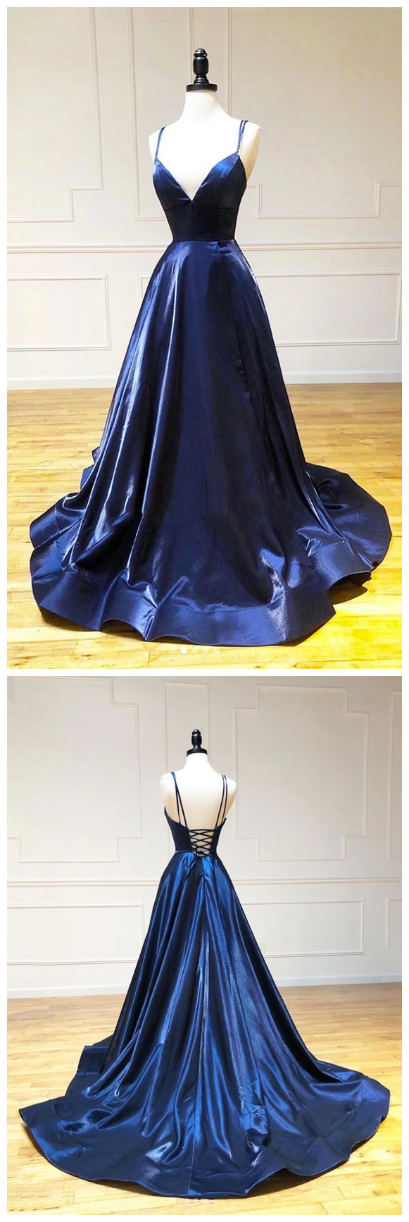 Deep Blue Satin Long Spaghetti Straps Open Back Lace Up Prom Dress on ...