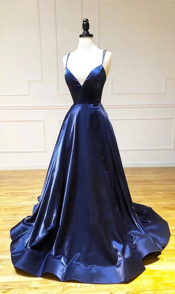 Deep Blue Satin Long Spaghetti Straps Open Back Lace Up Prom Dress on ...