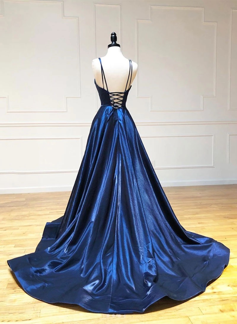 Deep Blue Satin Long Spaghetti Straps Open Back Lace Up Prom Dress on ...