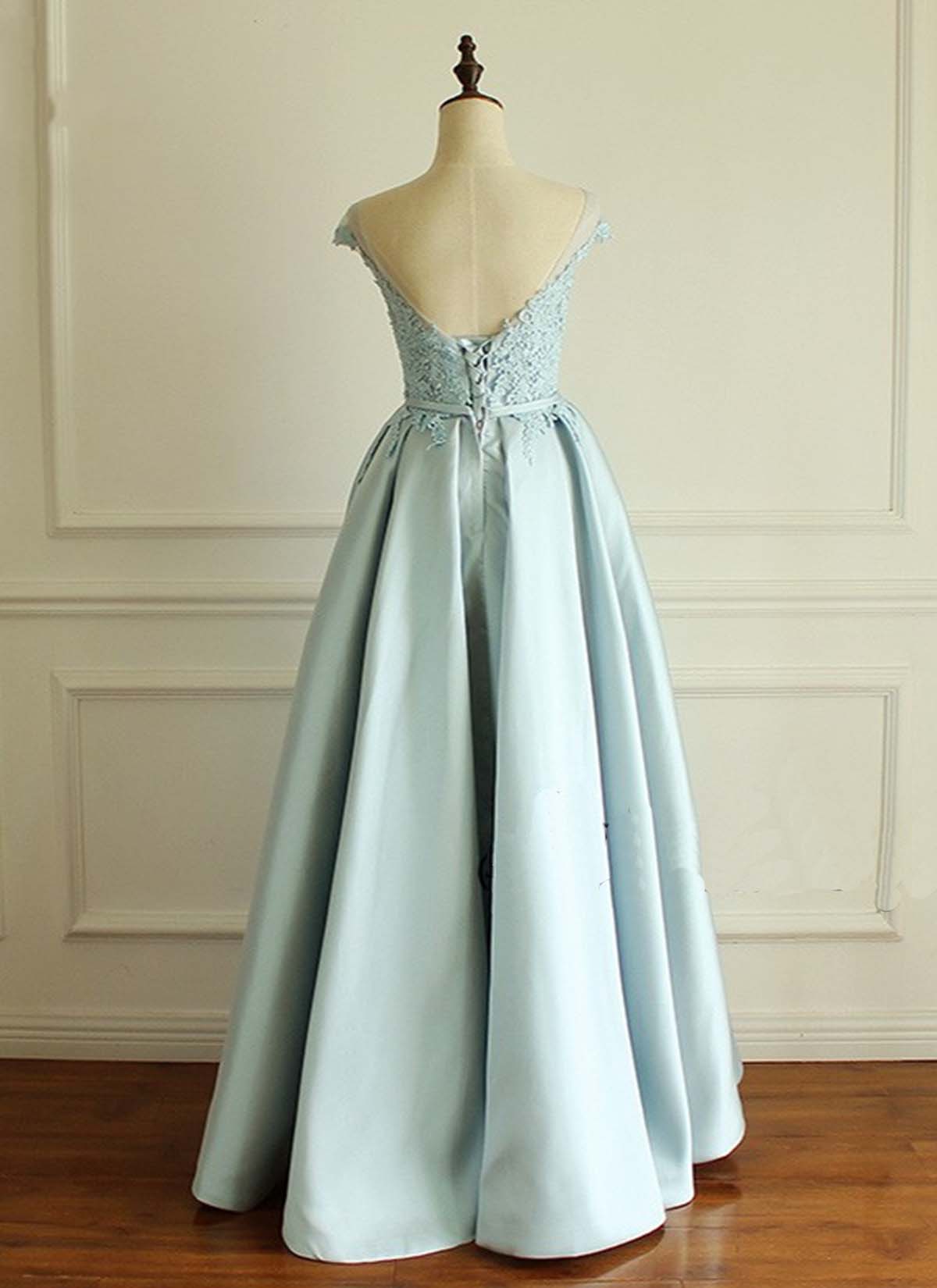 Elegant Mint Satin Cap Sleeves Long A-line Lace Top Prom Dress ...