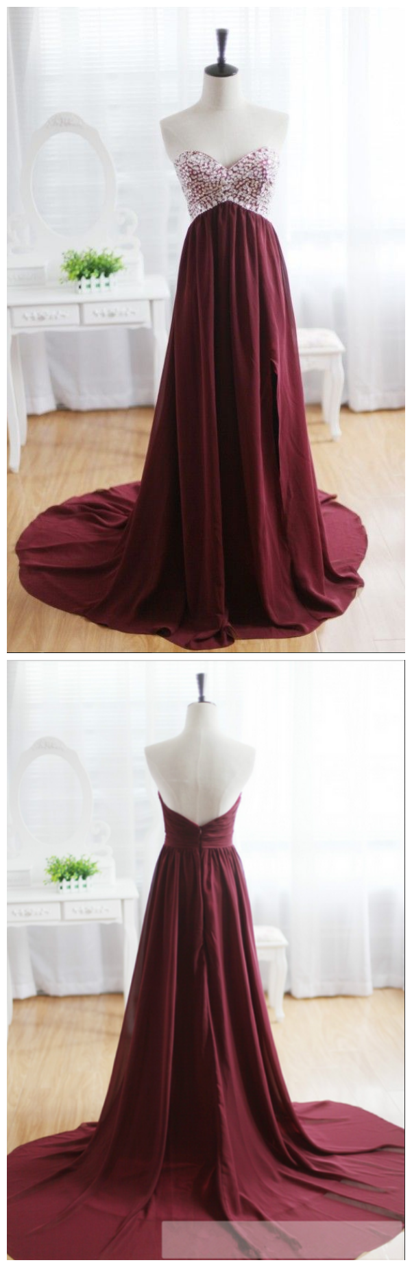 Custom Made A Line Maroon Sweep Train Prom Dresses, Formal Dresses ...