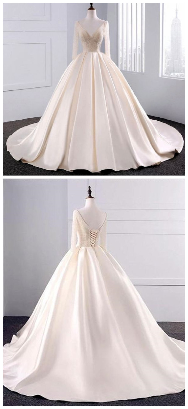Fashion Simple Beige Wedding Dresses Full Sleeve Modest Lace Satin ...