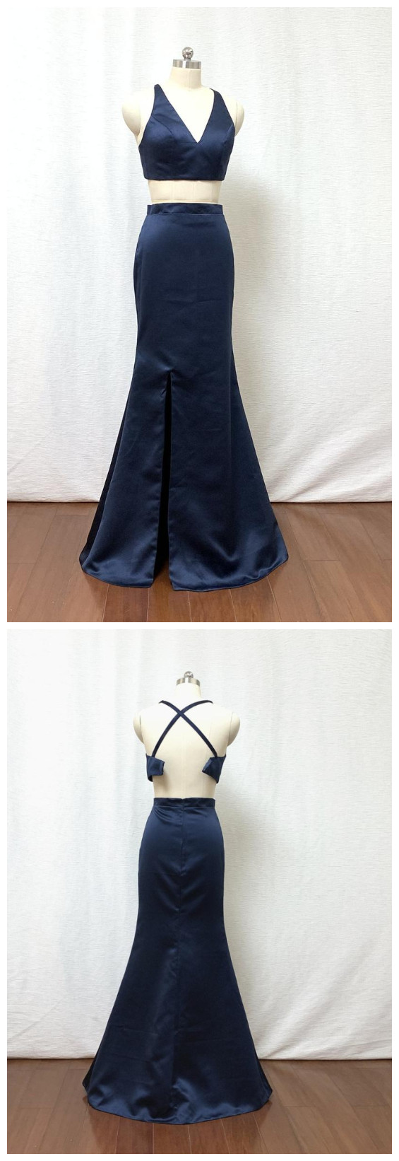 Mermaid Two Piece Navy Blue Satin Long Prom Dress on Luulla