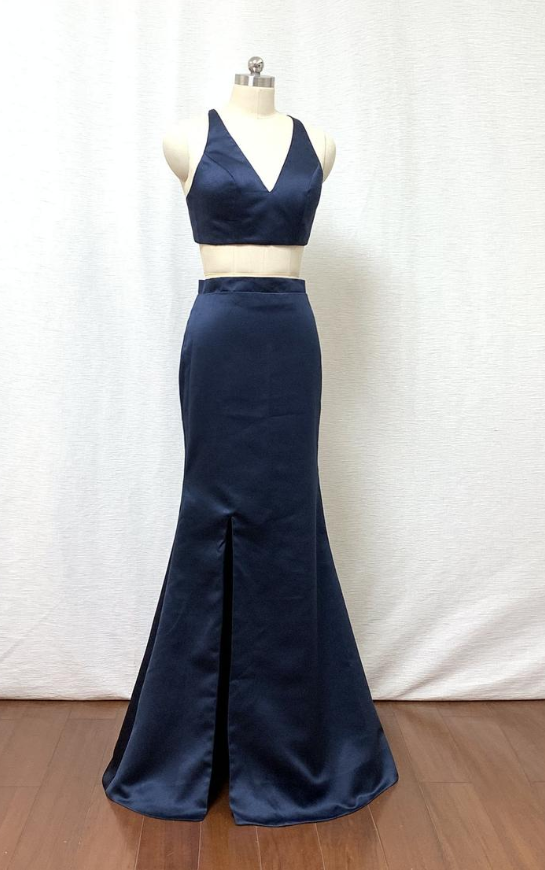 Mermaid Two Piece Navy Blue Satin Long Prom Dress on Luulla