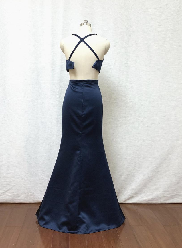 Mermaid Two Piece Navy Blue Satin Long Prom Dress on Luulla
