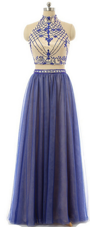 High Neck Two Parts Long Tulle Prom Dresses Crystals Beaded Open Back ...