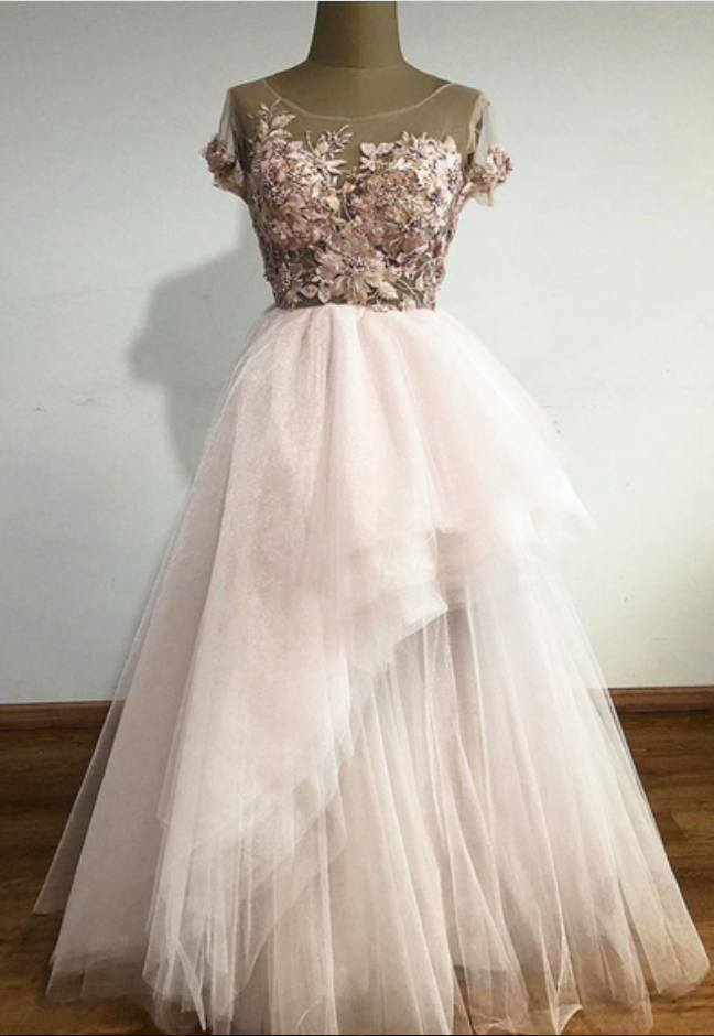 2019 White Tulle Long 3d Lace Applique Layered Prom Dress With Sleeve ...