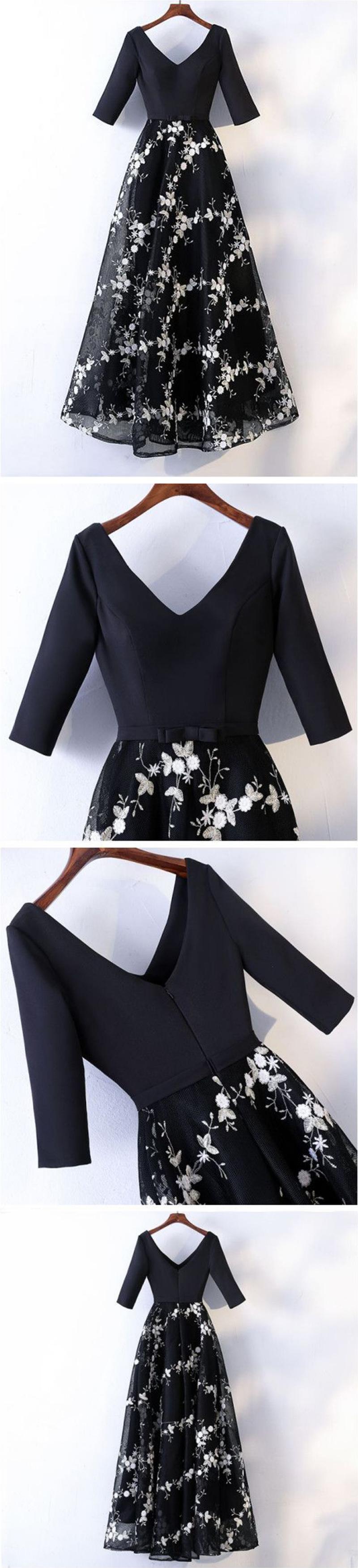 Special Black Floral Chiffon V Neck Customize Long Spring Party Dress ...