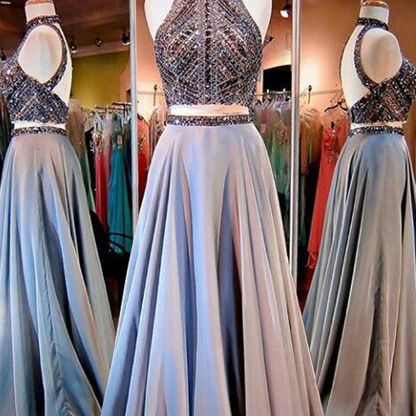 Prom Dress,glamorous Two Piece High Neck Open Back Long Prom Dress With ...
