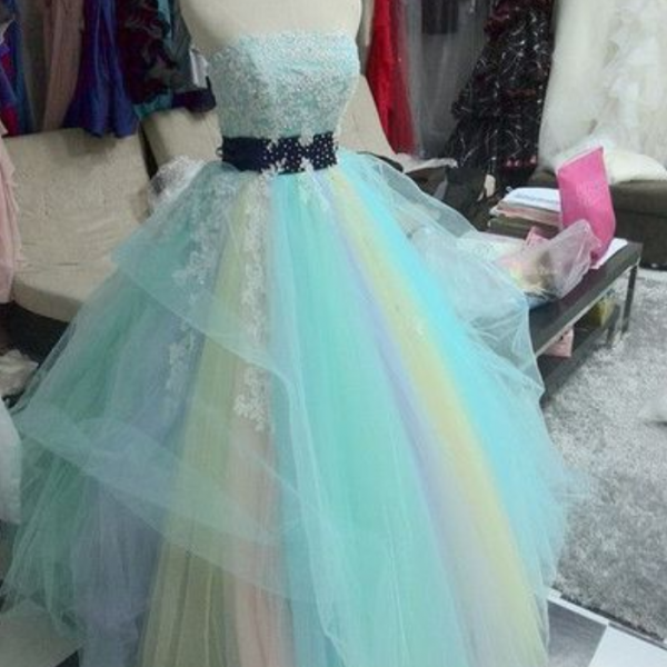 Colorful Prom Dress,2 Pieces Prom Dress,strapless Prom Dress,appliques ...