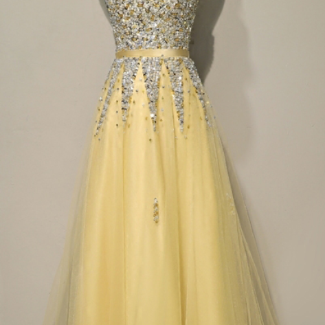 Brilliant Long Yellow Tulle Rhinestone Prom Dresses Featuring ...