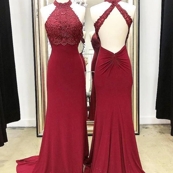 Deep Red Chiffon Lace Open Back Long Train Evening Dress, Prom Dress on ...