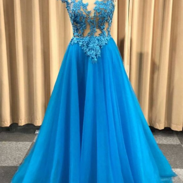 Light Blue Round Neck Long Cap Sleeve Tulle Evening Dress, Prom Dress on Luulla