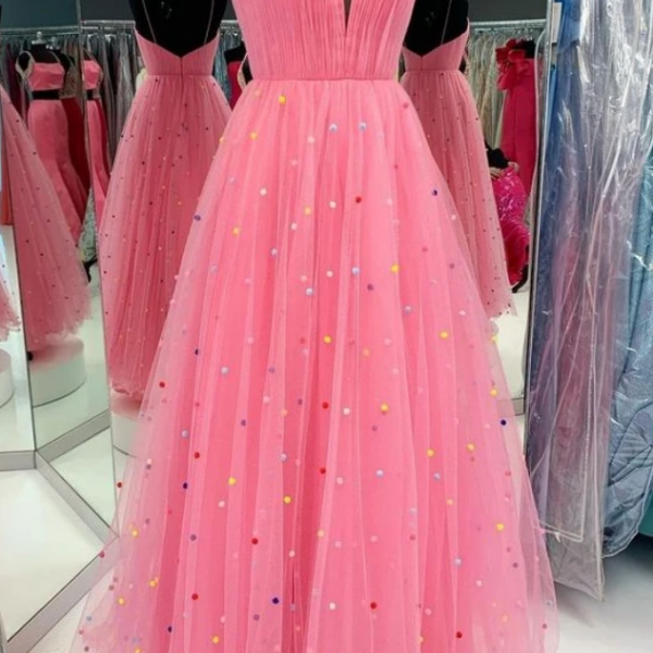 Pink Sweetheart Tulle Lace Sequin Long Prom Dress Pink Evening Dress