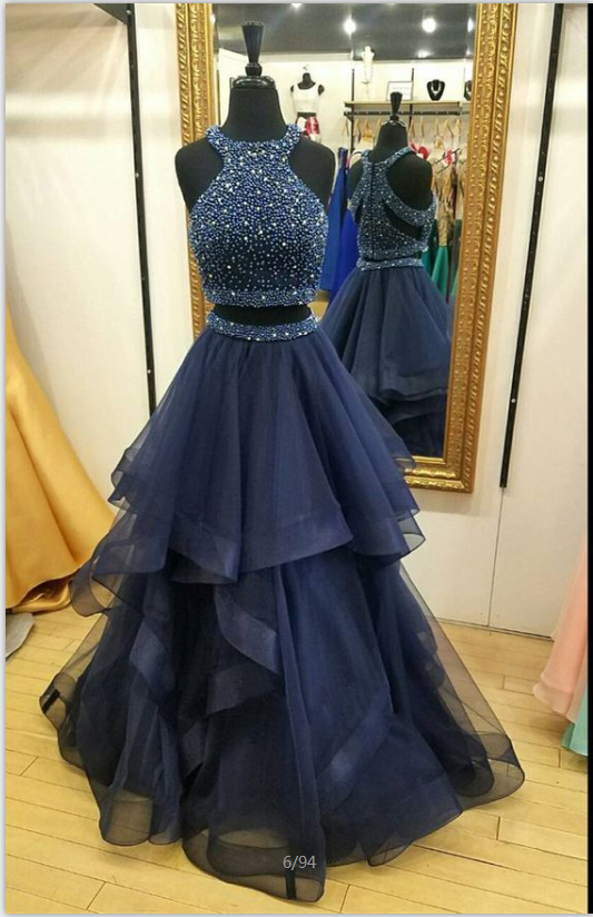 Navy Blue Prom Dresses,two Pieces Prom Dresses,long Prom Dresses,a-line ...