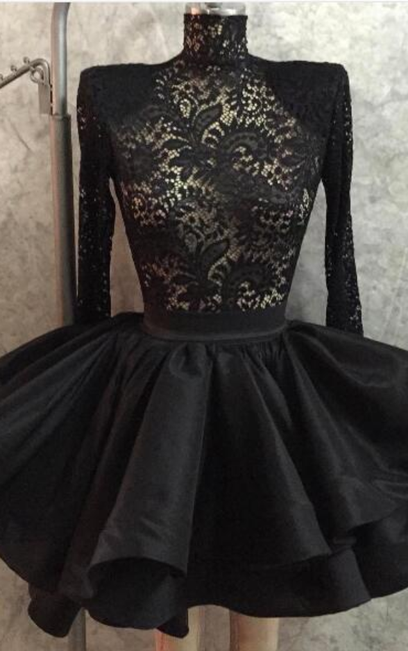 Mini Short Prom Dress, Black Prom Dresses,long Sleeves Lace Prom ...