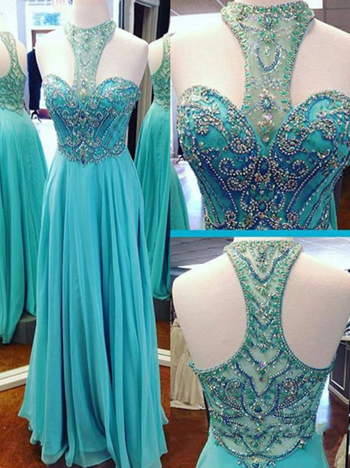 Halter Beading Custom Made Prom Dresses, Floor-length Evening Dresses ...
