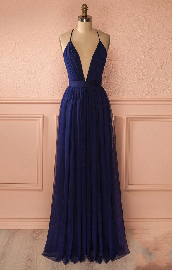 Navy Prom Dress, Sexy V Neck Backless Prom Dress, Simple Prom Dress ...