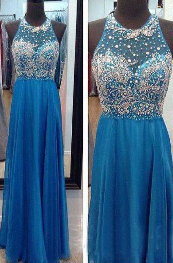 Simple Blue Prom Dresses,Crew Neck With Beaded Crystal Prom Dresses ...