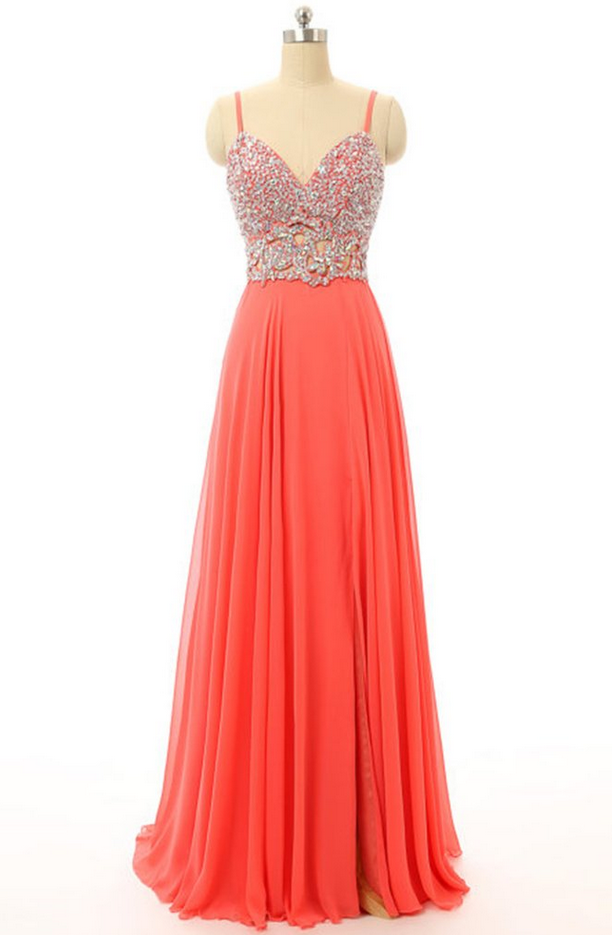 Orange Chiffon Beaded V-neck A-line Open Back Long Evening Dresses For ...