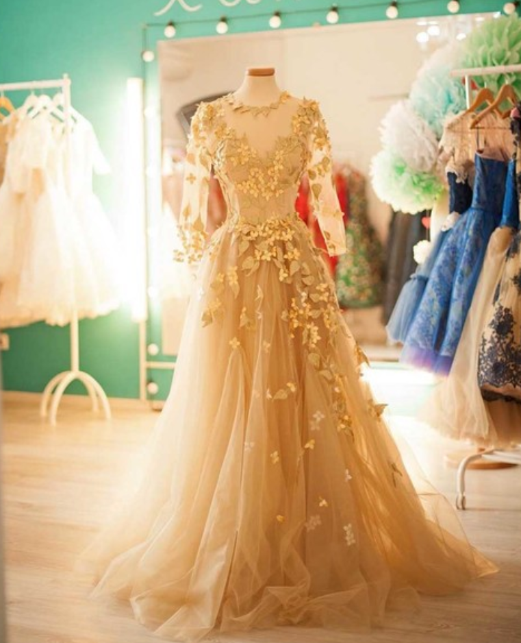 Long Sleeve Gold Long Prom Dress,long Prom Dresses,charming Prom ...