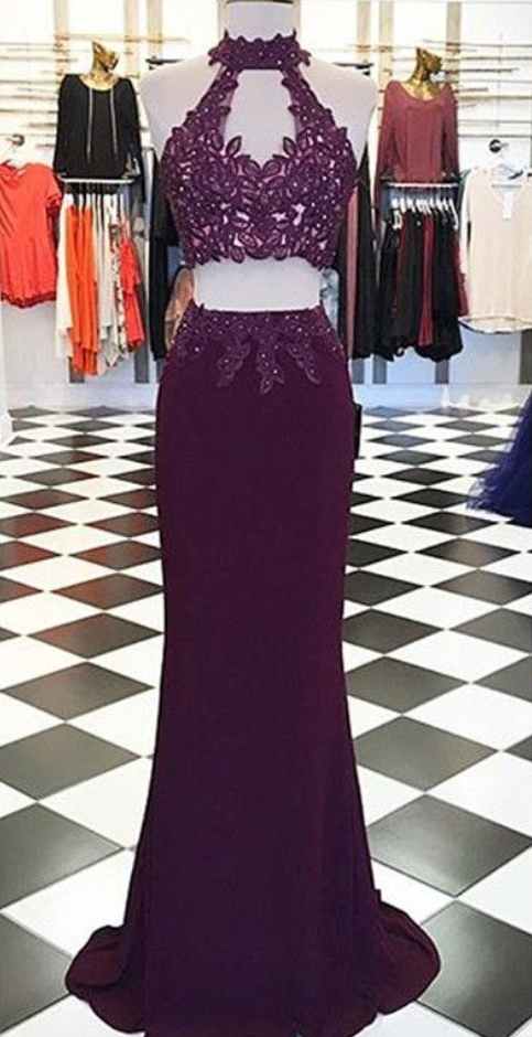Mermaid Prom Dress - High Neck Keyhole Open Back Lace-up Appliques ...