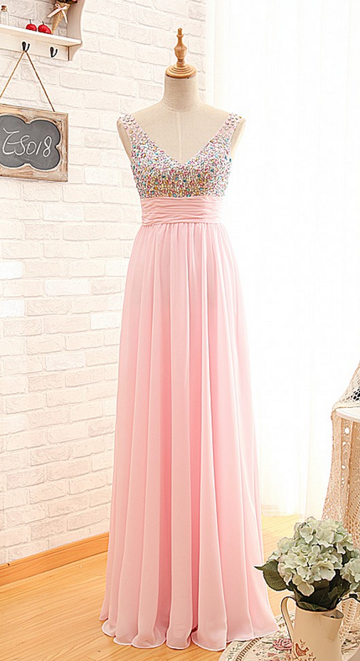 Ready To Ship V-neckline Beaded Pink Prom Dress,long V-back Blush Pink ...
