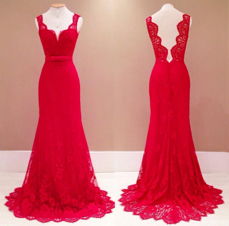 Charming Red Lace Prom Dress,sexy V-neck Evening Dress,sexy Open Back ...
