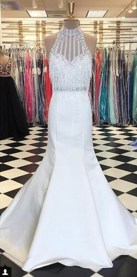 White Mermaid Satin Prom Dresses High Neck Beading Crystals Evening ...