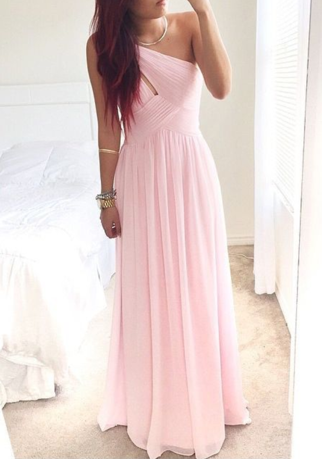 Pretty Pink One-shoulder Simple Prom Dress With Beadings, Prom Dresses ...
